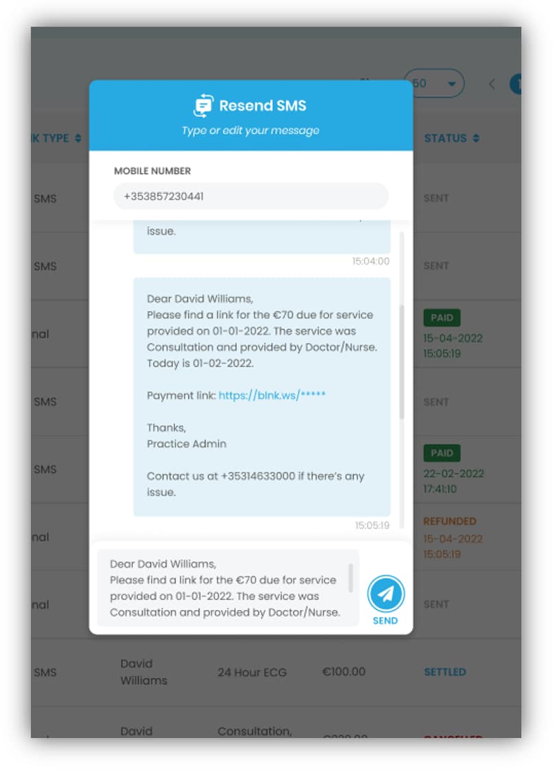 Resend SMS | Billink- Practice Administration Technologies Limited