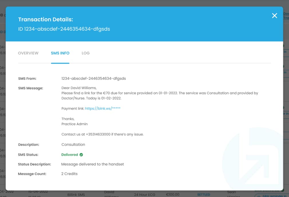 View Billink Transaction Details - SMS info & Billink LOG | Billink- Practice Administration ...